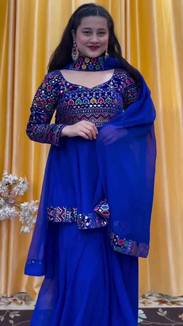 Royal Blue Top Palazzo Set With Dupatta in Georgette with Embroidery ...